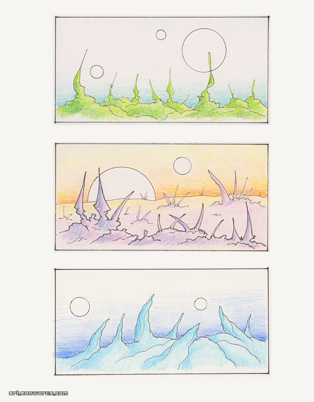 Fantasy space landscape color pencil drawings