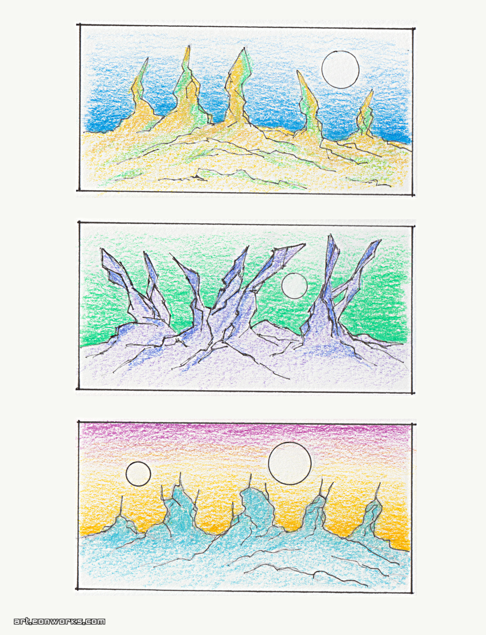 Space landscape sketches on paper